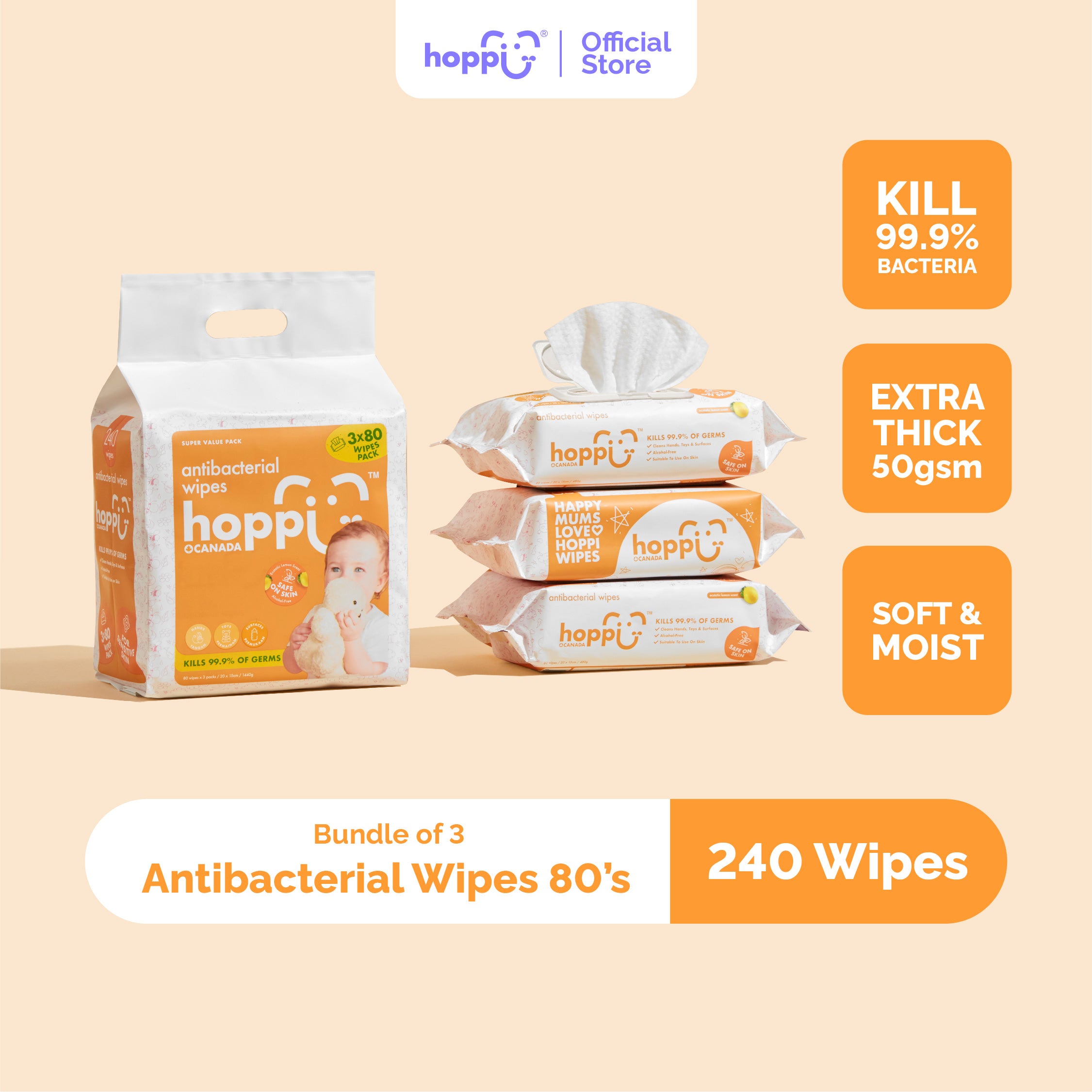 [Non For Sale - Free Gift] Hoppi Antibacterial Wipes (80 Wipes x 3 pac – Hoppi®